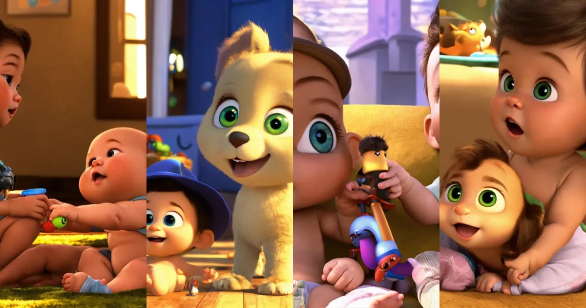 Lexica - Babies friends, 3d, pixar studios, adventure, back baby