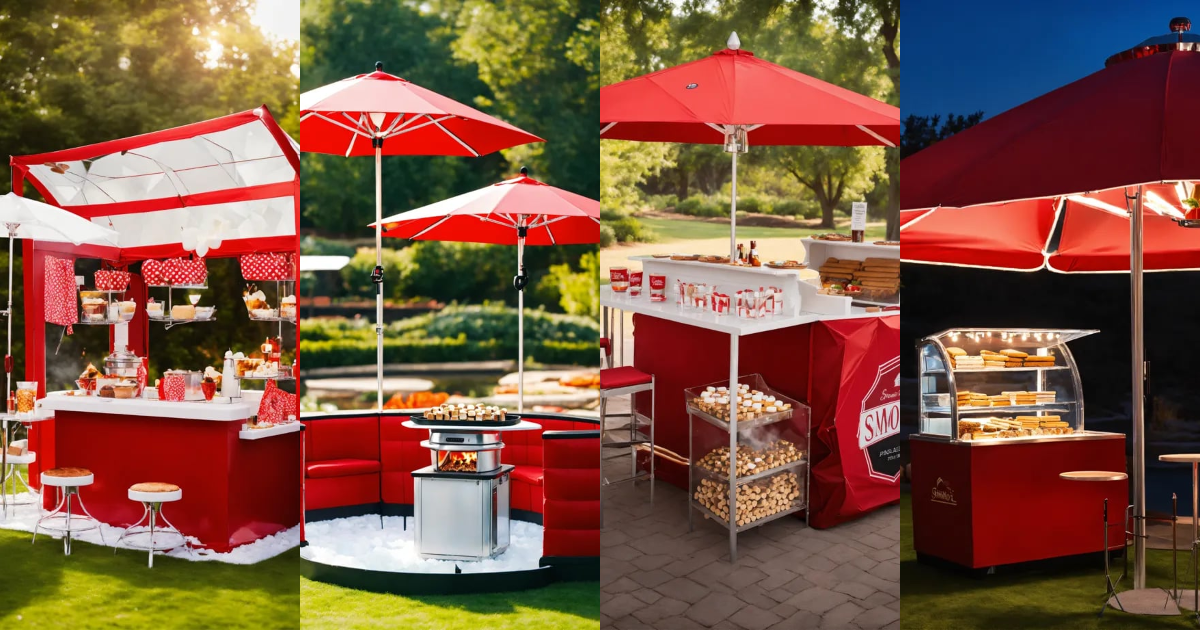 Lexica - Elegant ice igloo booth to sell smores outdoor with a red umbrella