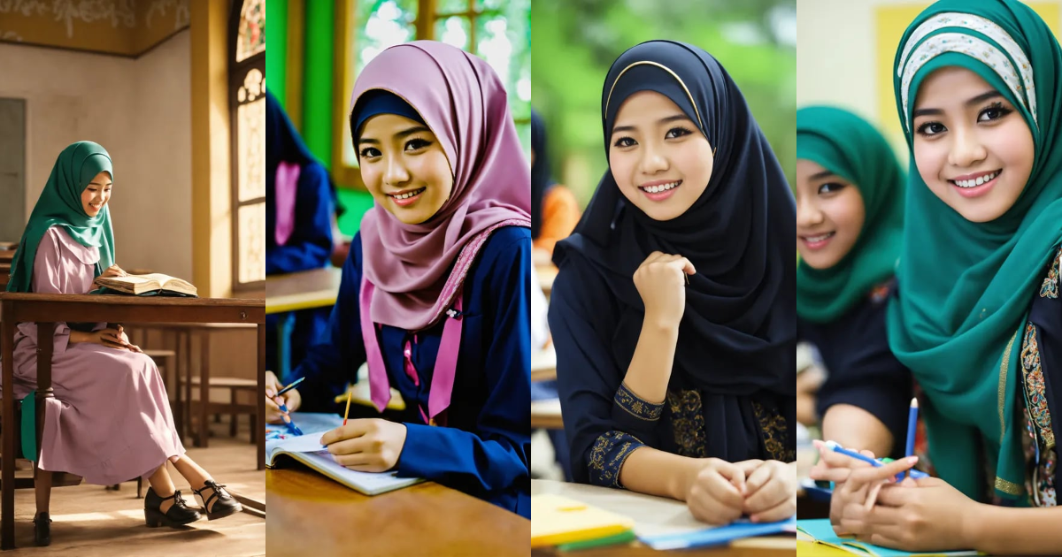 Lexica - Niji style muslimah school girl, playful in class room with ...