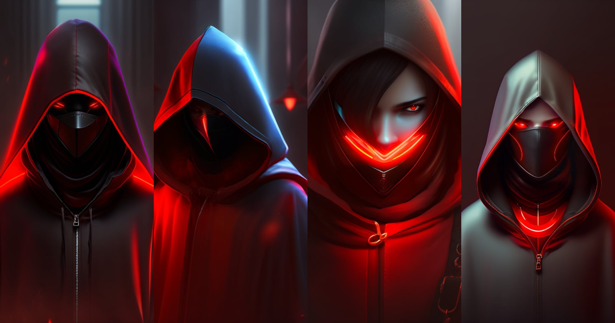 Lexica - Character, faceless, hooded, dark, red glowing eyes