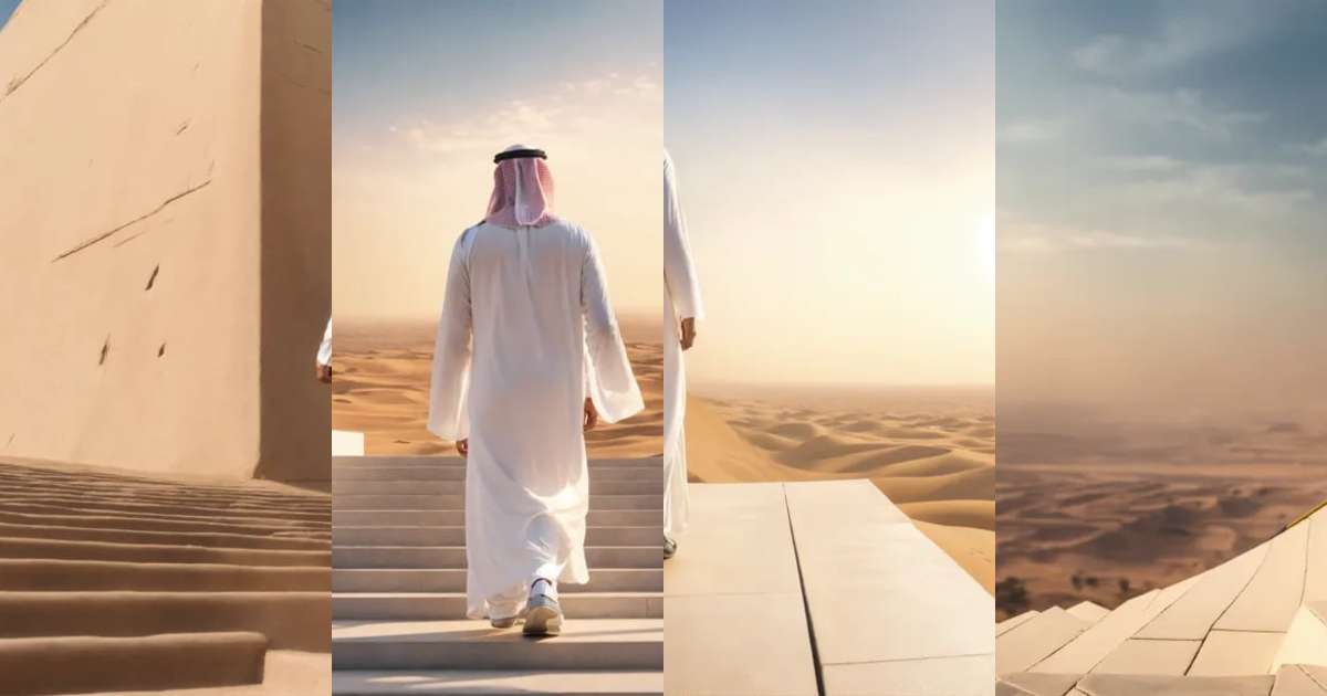 Lexica - Saudi man climbing up six steps only, white costume, Saudi ...