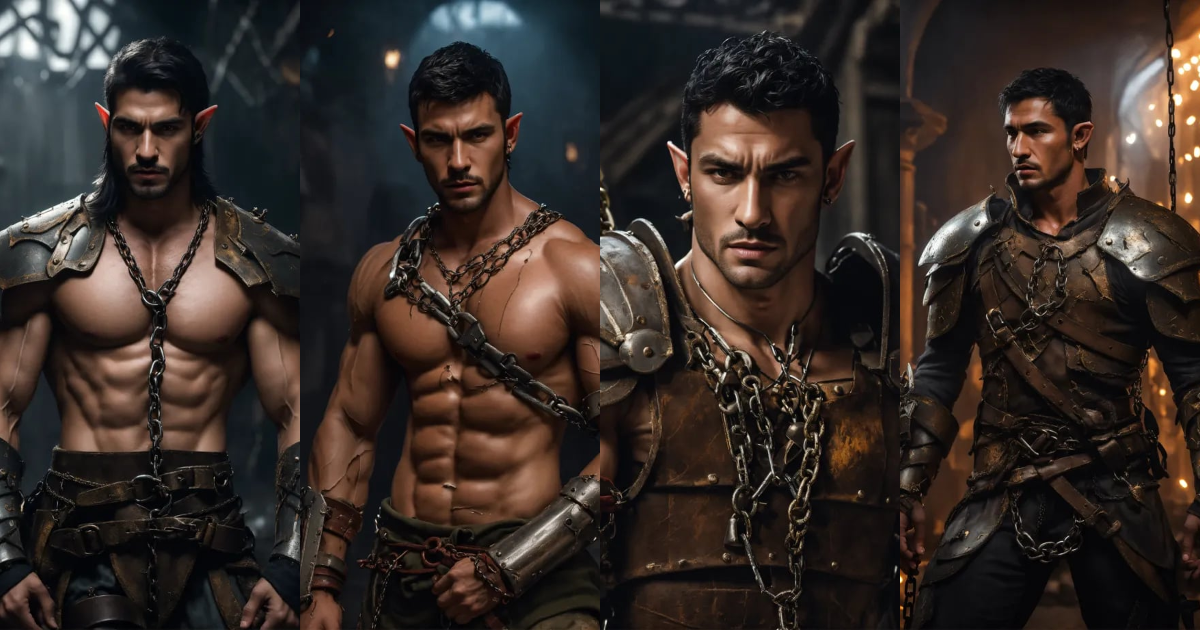 Lexica - Full body strong handsome Latino god elf chained by enemies ...