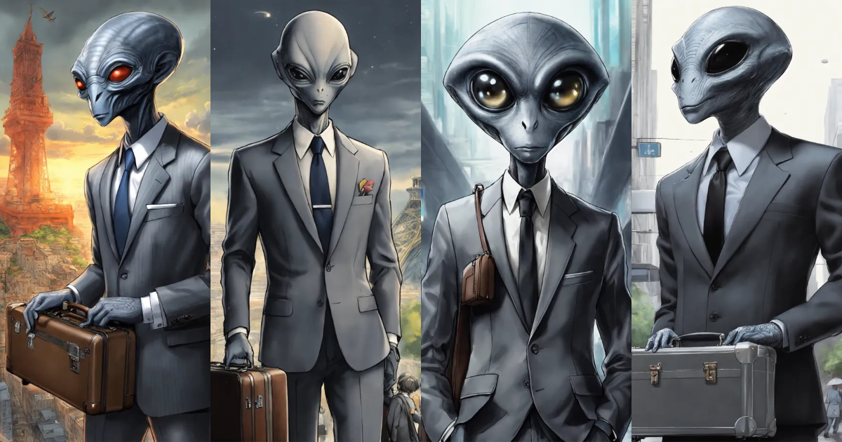 Lexica - Masterpiece, best quality, a gray alien wearing a black suit ...