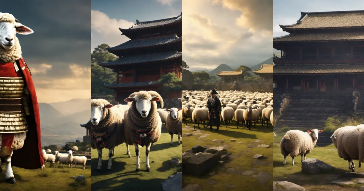 Lexica - Sheep samurai. Ancient ruins. Hyper realistic.