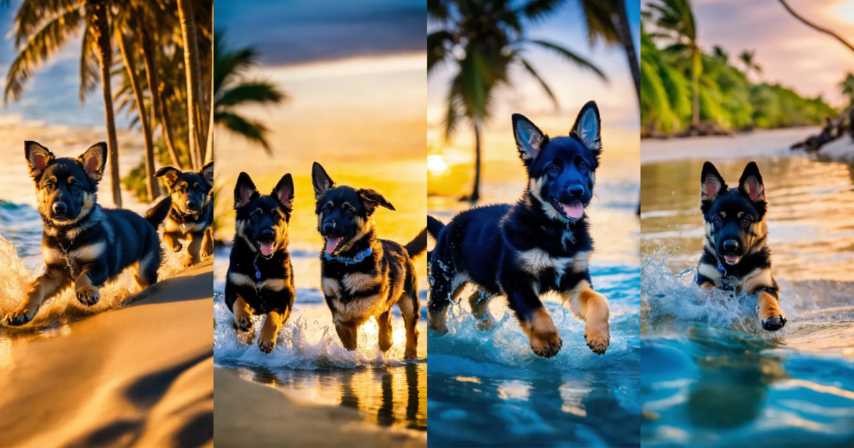 Lexica - "Sapphire Shoreline Pups" On a secluded, glittering blue ...