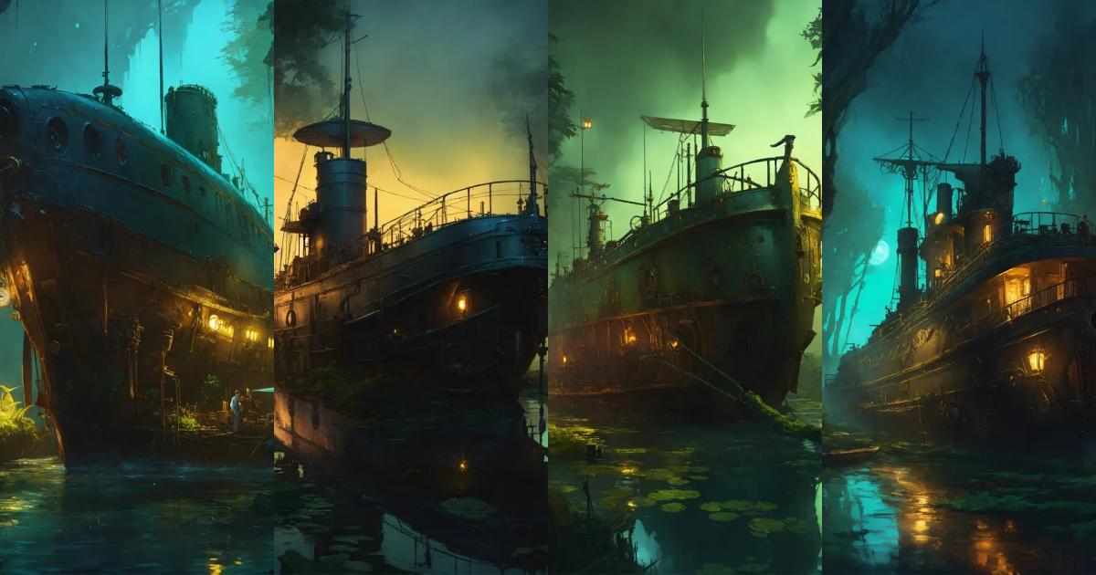 Lexica - Beached steampunk submarine shipwreck in swamp, dark ...