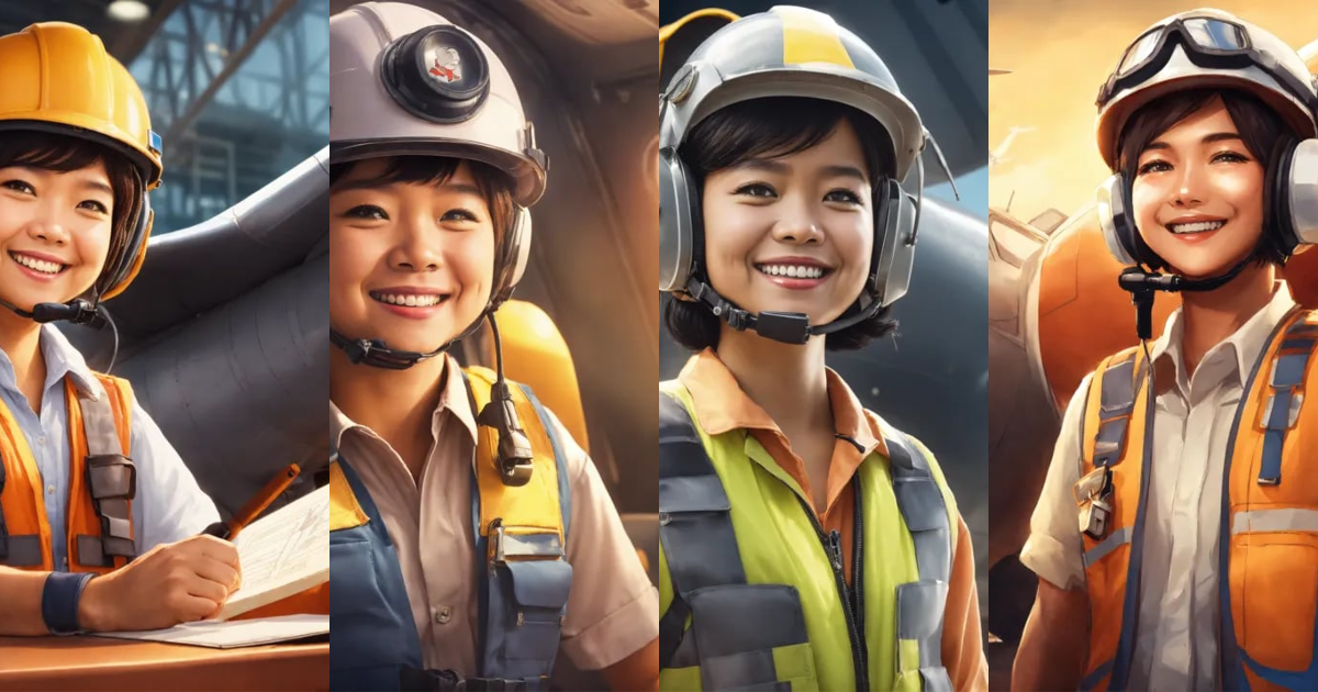 Lexica - Aircraft engineering using vest, safety helmet, smiling, Indonesian face, aircraft ...