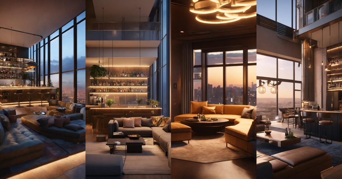 Lexica - Futuristic penthouse condo, first floor, bar, small kitchen, sectional couch, decor ...