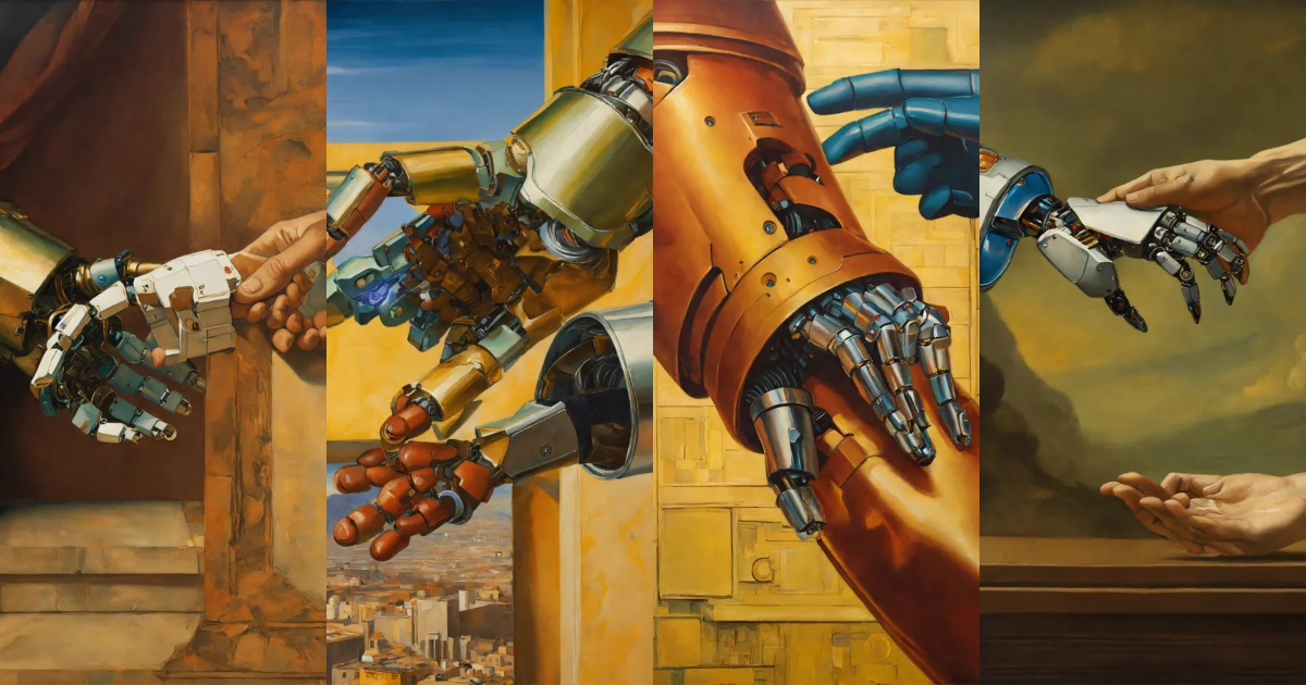 Lexica - A painting of A robot hand connecting to a human hand like the ...