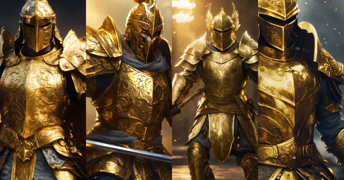 Lexica - Epic god warrior in golden armor arround grey kinghts