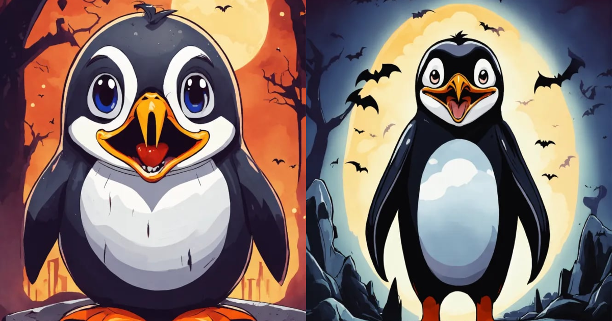 Lexica - A cute penguin with large vampire fangs, spooky background ...