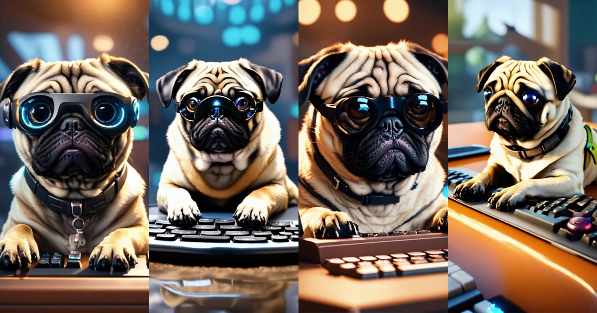 Lexica - Cute pug dog with bionic eye on a floating circular platform ...