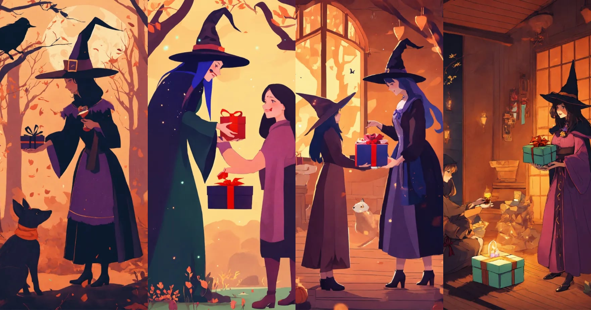 Lexica - A witch giving a present to another person