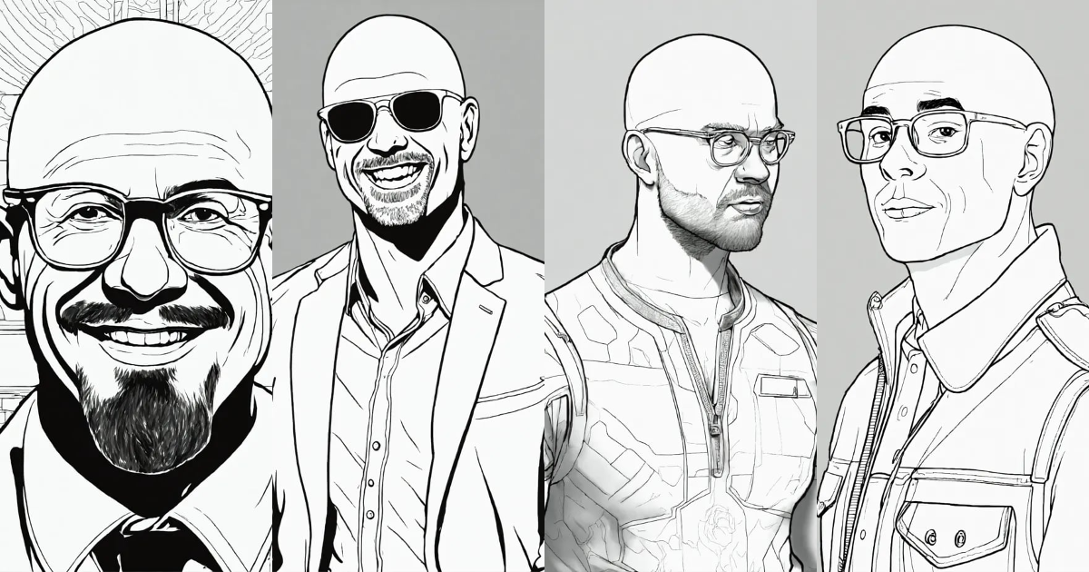 Lexica - B/w outline for coloring book page, funny bald guy, full white ...