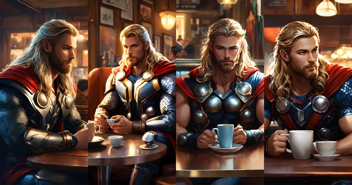 Lexica - Artgerm, Thor sitting at a cosy diner, having a coffee, vain ...