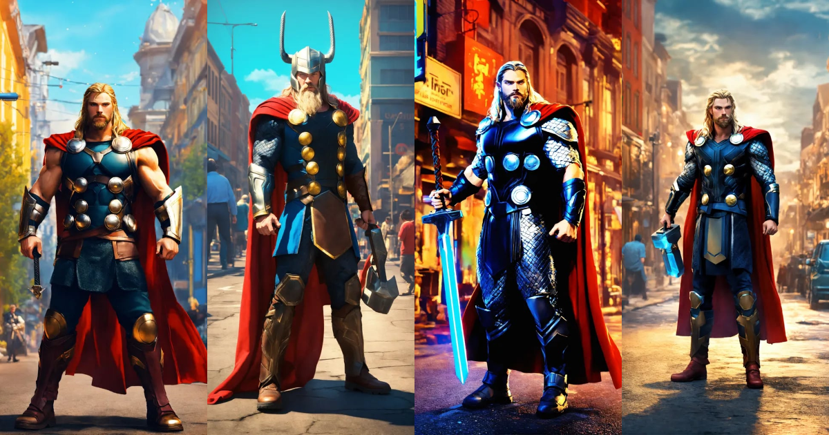 Lexica - In 1800 Thor stands on the street full-body, colorful background, 2d render, standing ...