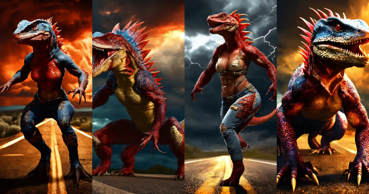 Lexica - Full body seven foot evil female scaly lizard goddess, attractive shapely strong ...