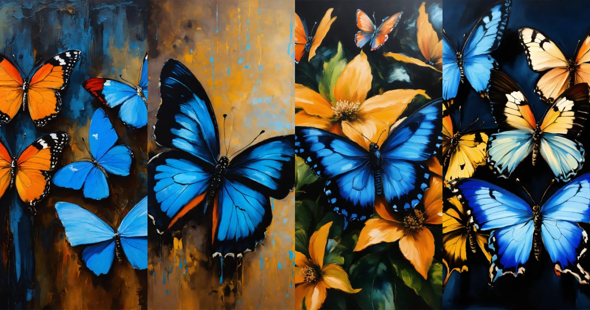 Lexica - Quatre papillon bleue oil paint sur fond noir