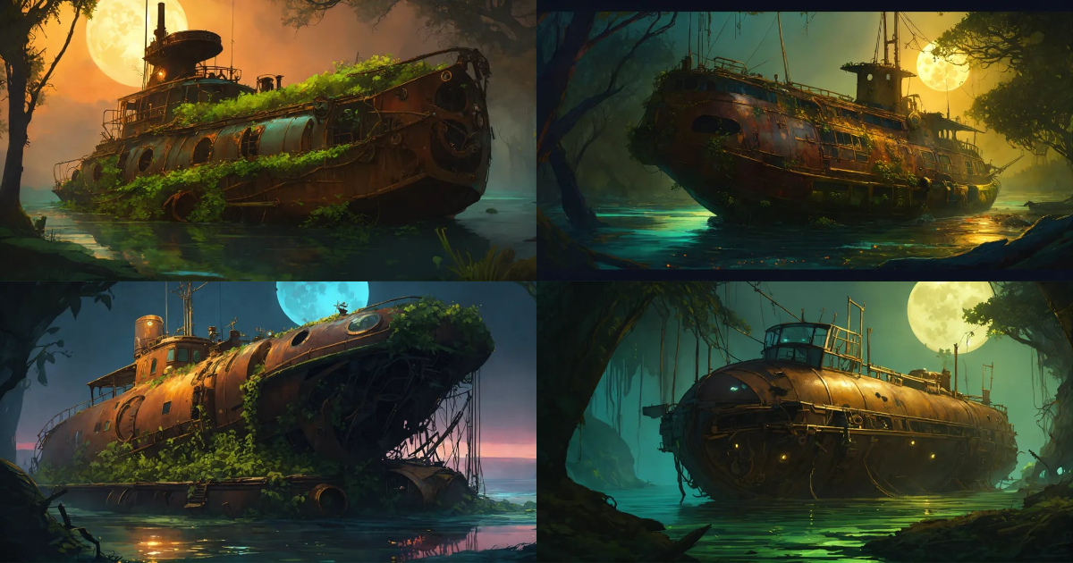 Lexica - Beached heavily overgrown steampunk submersible tilted rusty ...