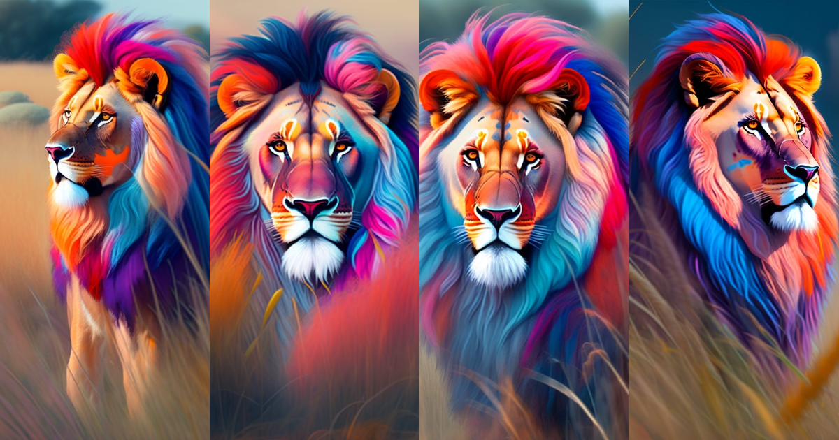 Lexica - A brightly colored lion is standing in an African plain with ...