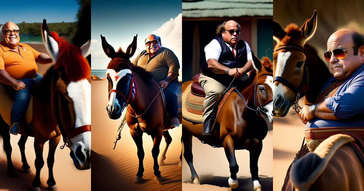 Lexica - Danny devito riding a donkey eat a rum ham