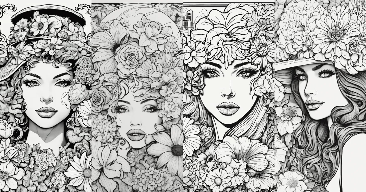 Lexica - Faces and flowers, by Ed Roth, black and white coloring book ...