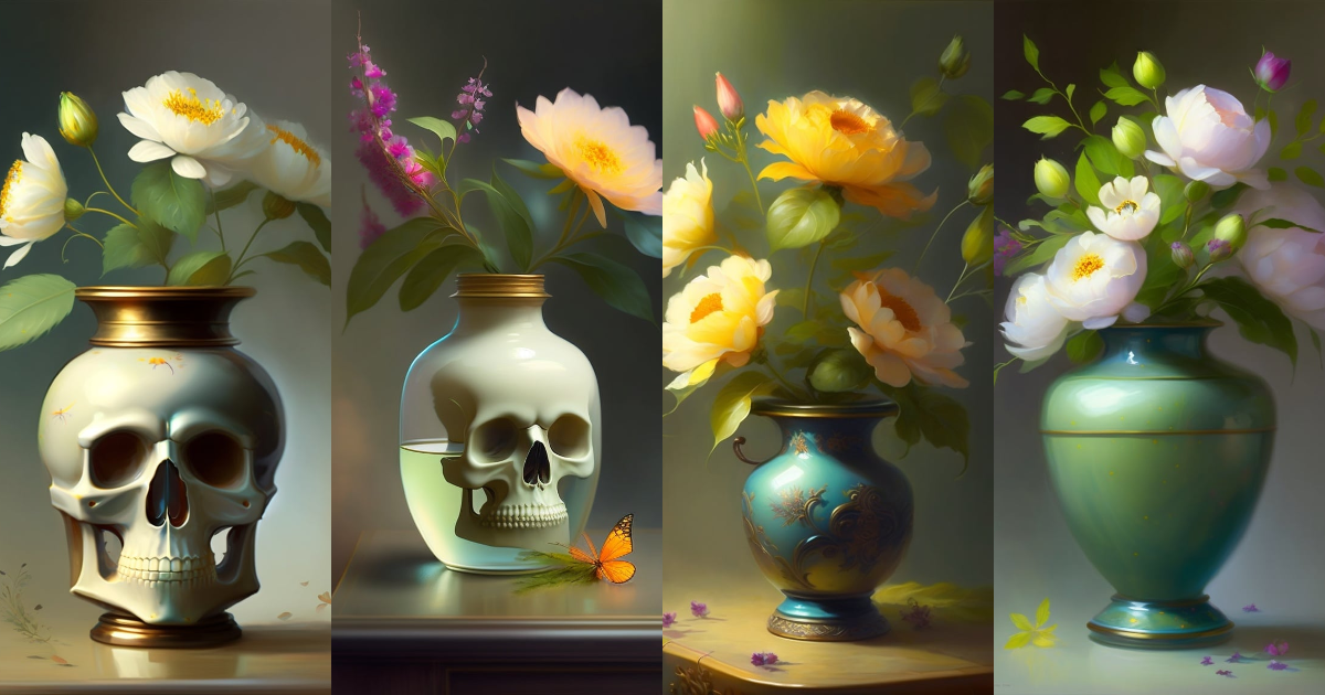 Lexica - A vase of tiny skullflowers, horror, lovecraftian atmosphere ...