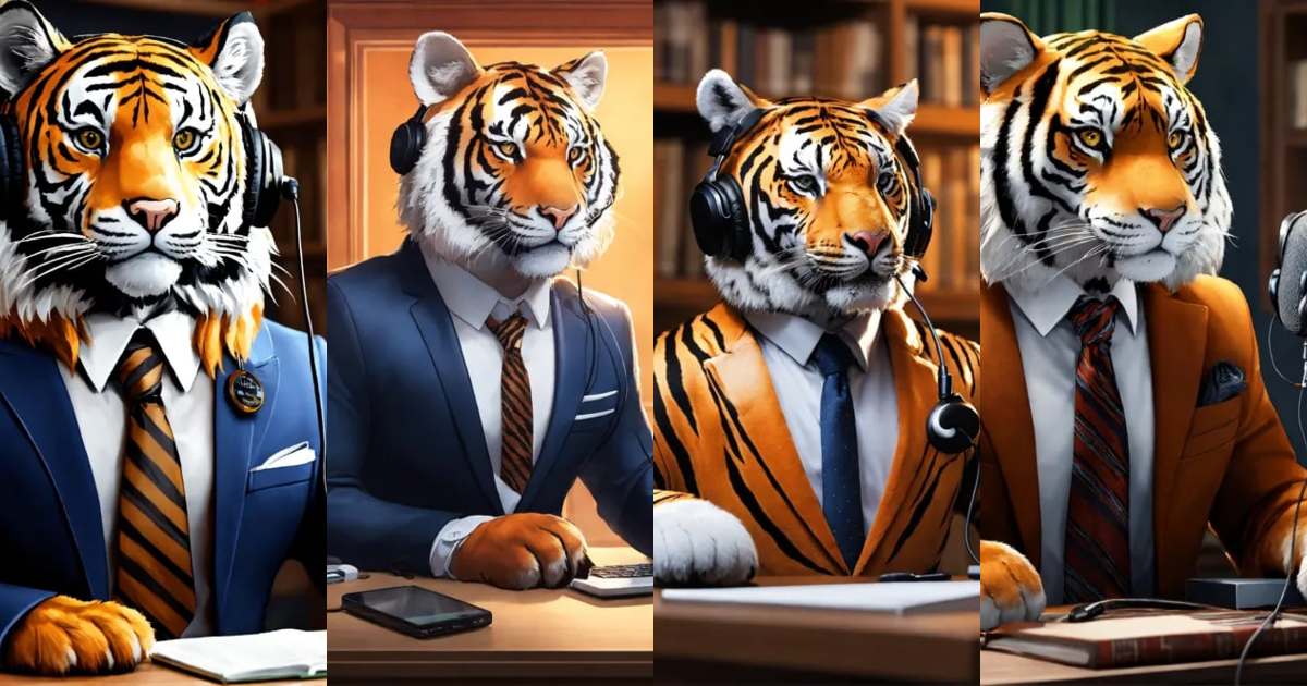 Lexica - A realistic tiger wearing a business suit and headphones ...