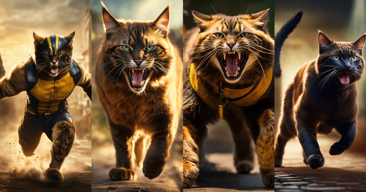 Lexica - Produce me an image of cat wolverine in running action, movie ...