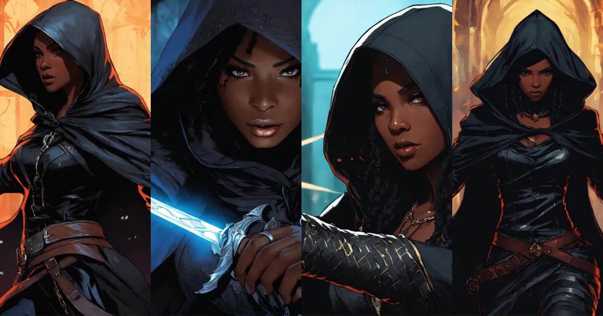 Lexica - Body shot, A middle aged black female assassin in full black ...