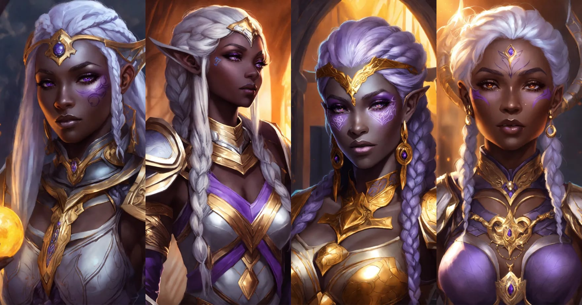 Lexica - A beautiful drow woman in sun themed armor. she has braids and dark gray skin. She has ...