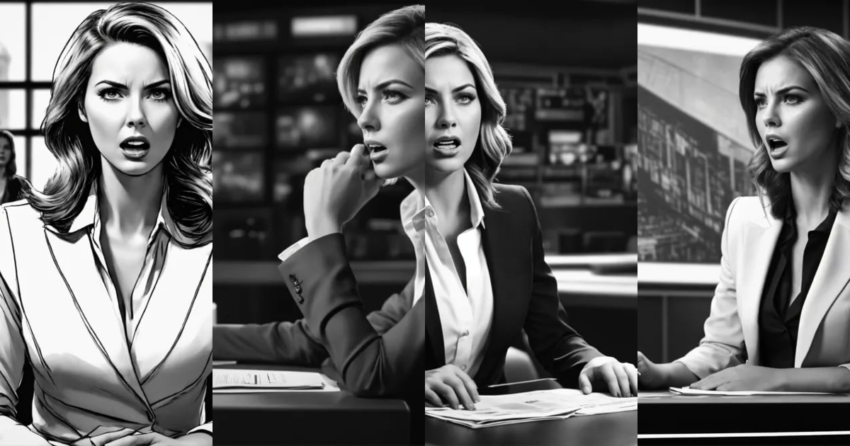 Lexica - Black and white illustration female news reporter, facing ...