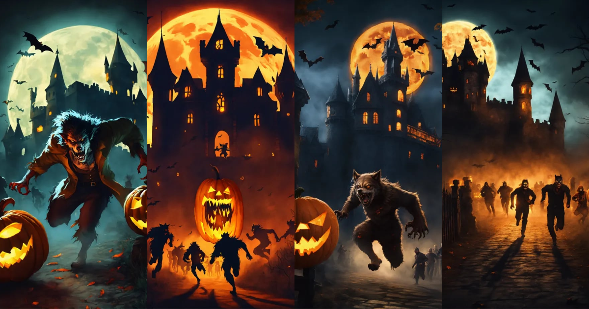 Lexica - A werewolf and zombies chasing after a jack-o'-lantern running ...