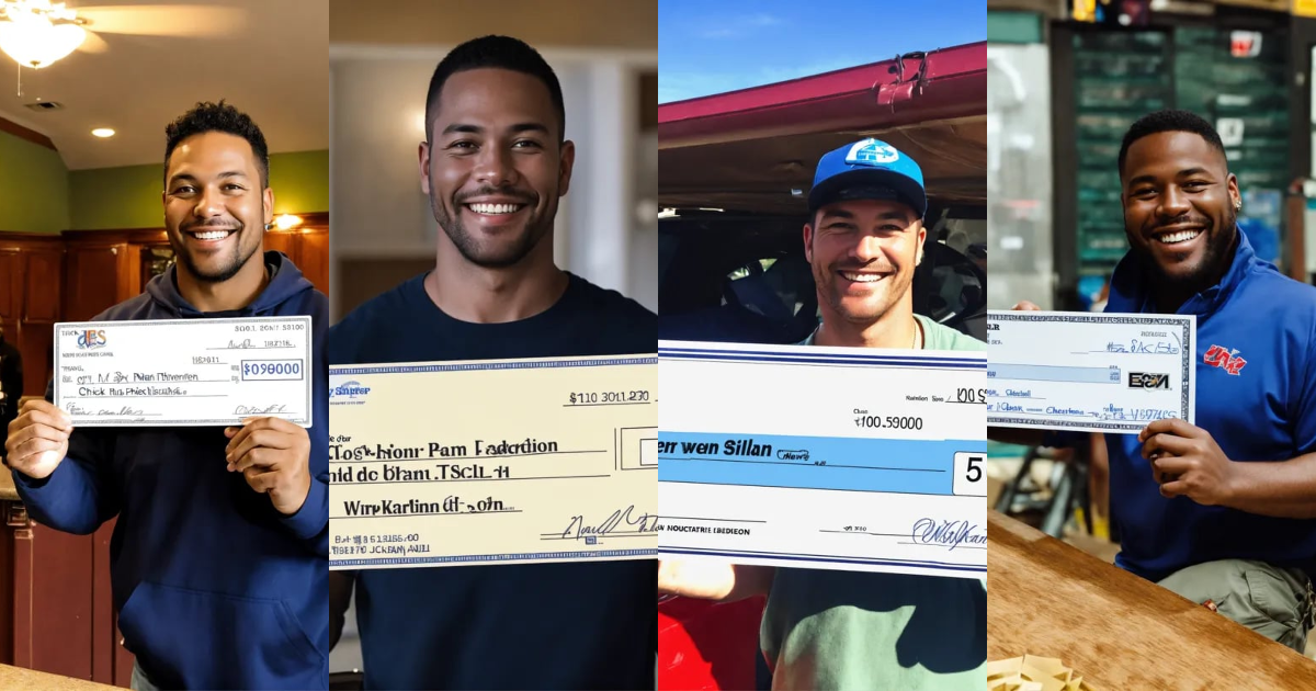 Lexica - A photo of a man holding a check. The man is smiling and the ...