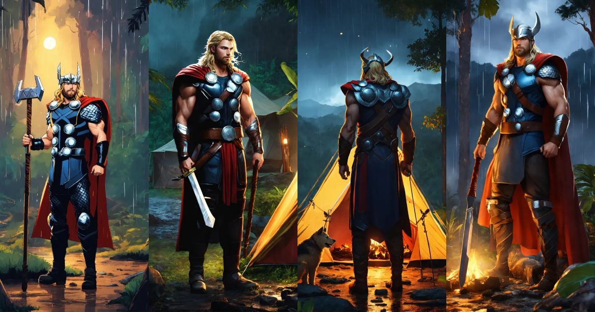 Lexica - Thor camping on a rainy day in the jungle at night, nature background, 2D render ...