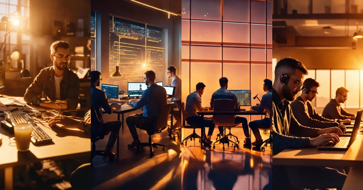 Lexica - Ultra realistic bright photo of developers working on a a very high tech 3d software ...