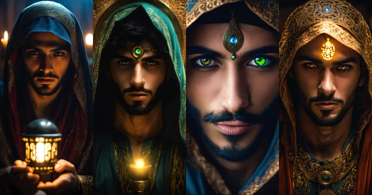 Lexica - Dramatic headshot of a young handsome wicked Arabic sorcerer ...