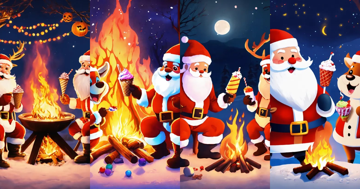 Lexica - Santa claus and rudolph eating a icecream around a bonfire ...