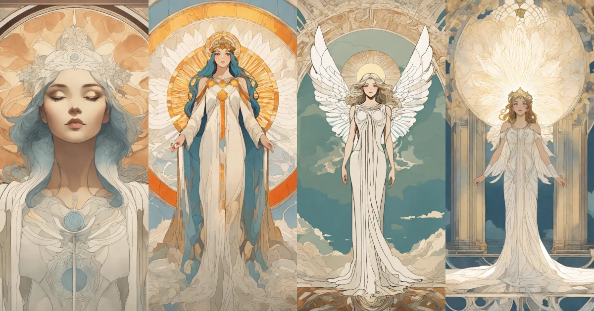 Lexica - A full-length pure white angel in front of a temple of light ...