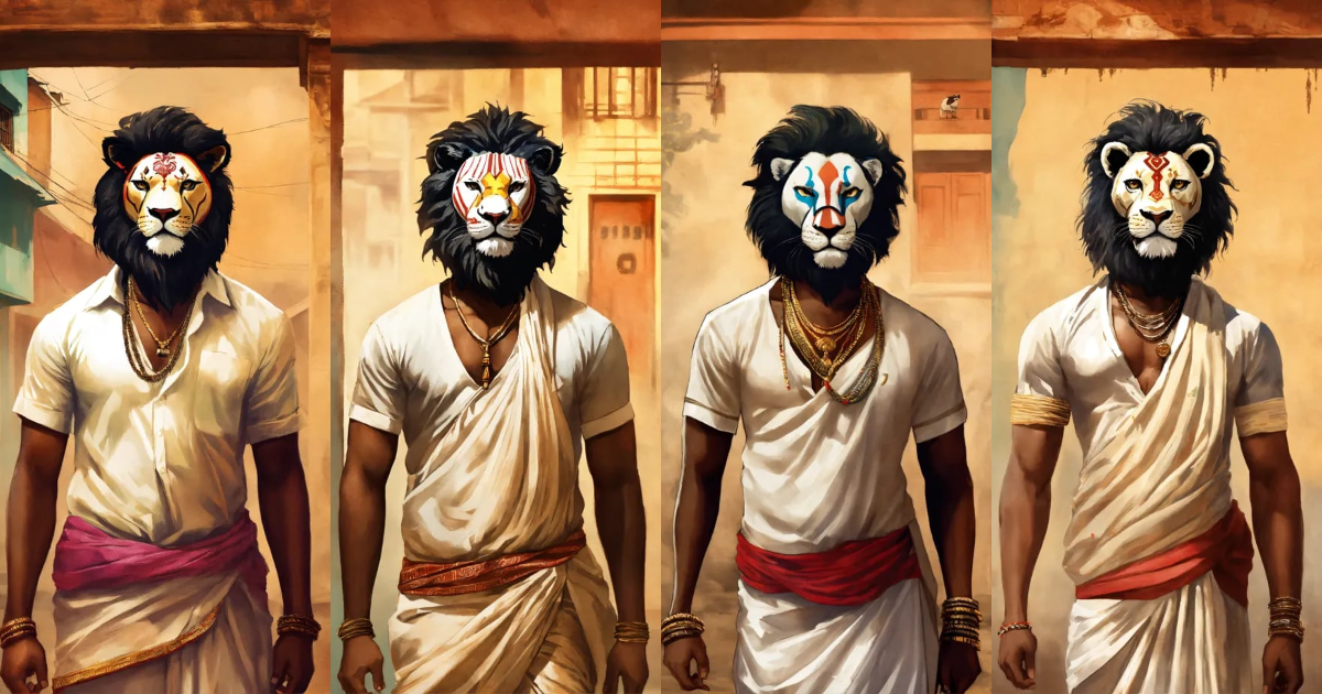 Lexica - A tamil goon wearing white lungi , and a lion mask in a gritty ...