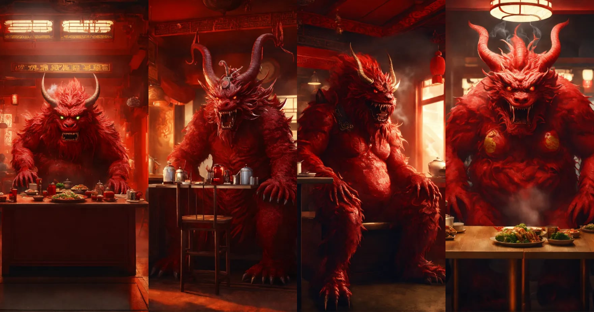 Lexica - A huge red chinese monster is sitting in front of a kitchen ...
