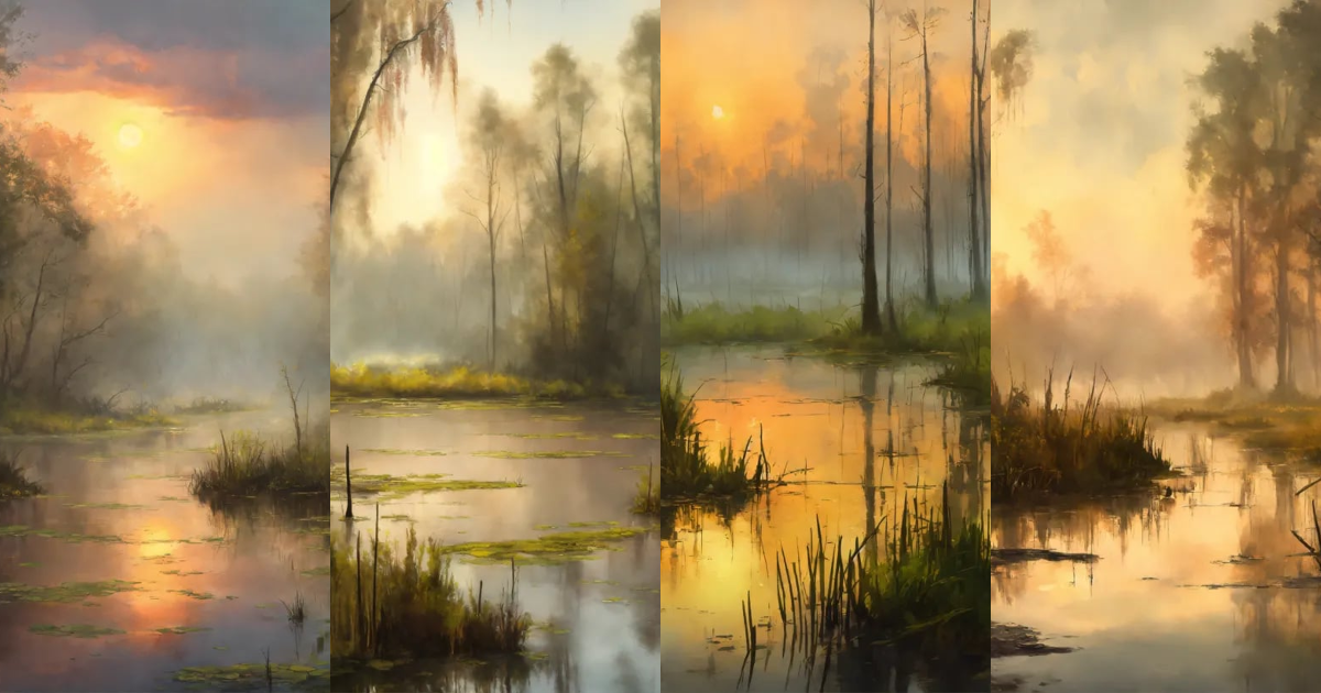 Lexica - Concept art of a foggy swamp, oil painting style, highly ...