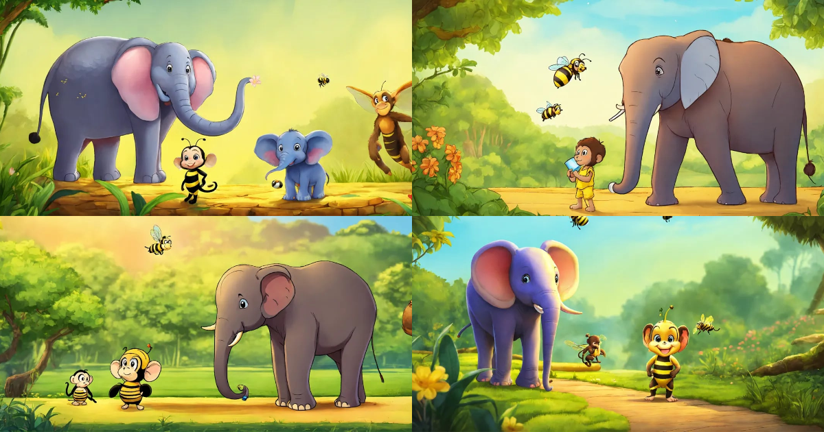 Lexica - Bee watching small monkey and elephant cartoon