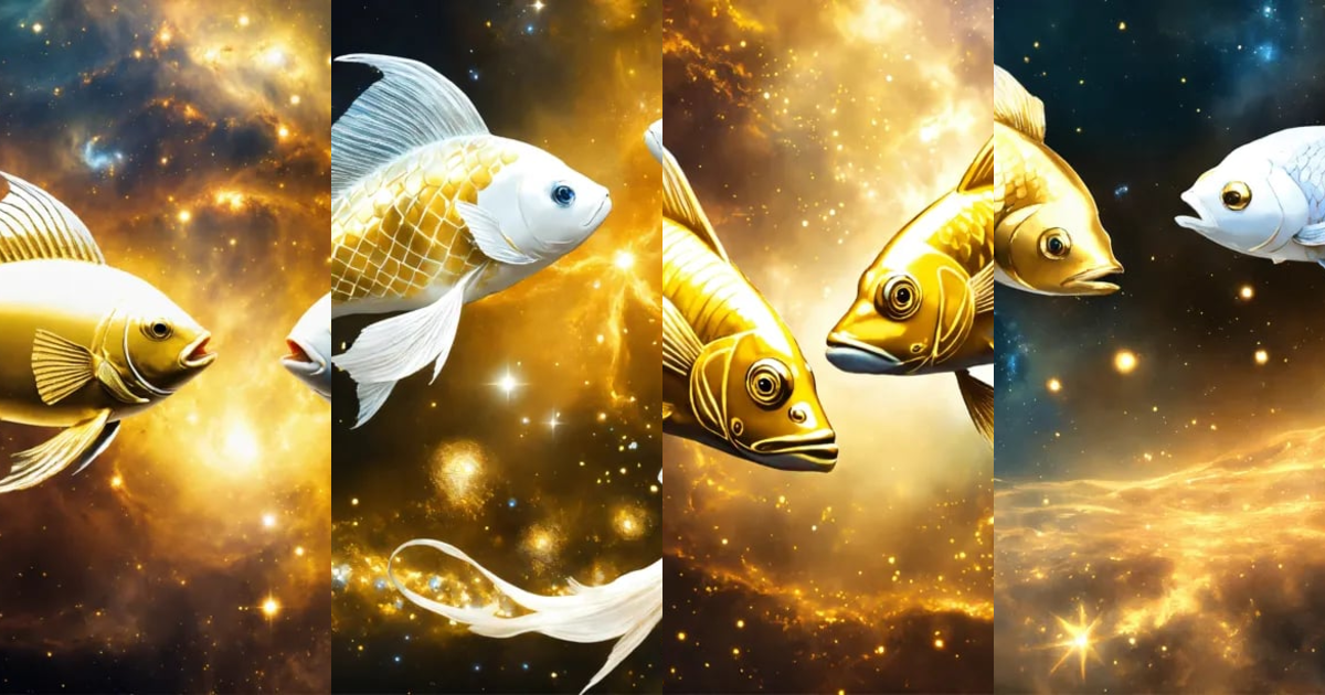 Lexica - Two gold and white mythical fish opposite each other, zodiac ...