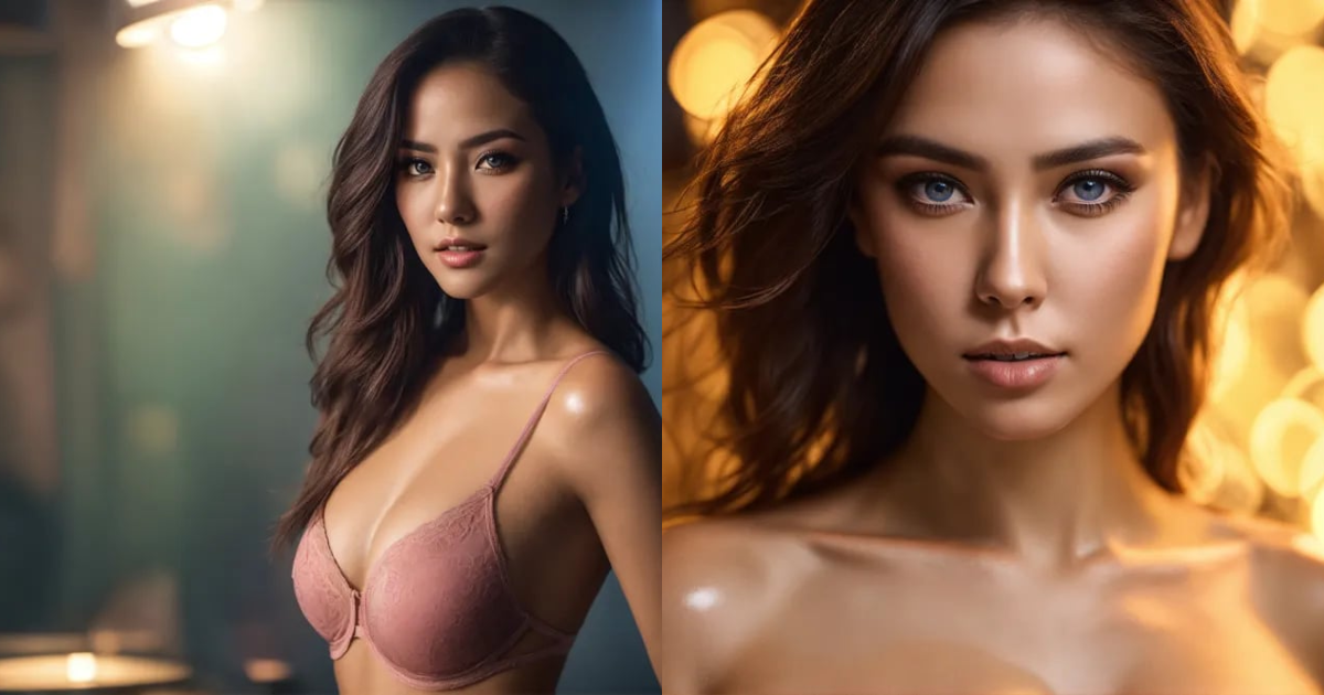 Lexica - Female are uncovered, 38D cup, standing, studio environmnet, full body view, DSLR ...