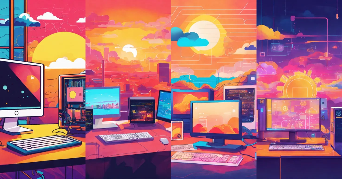 Lexica - Please generate a lively artwork of computers and cybersecurity under sunshine, clouds ...