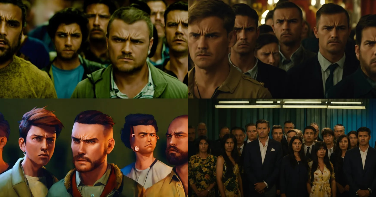 Lexica - About 15 men and women standing in a row very close to each ...