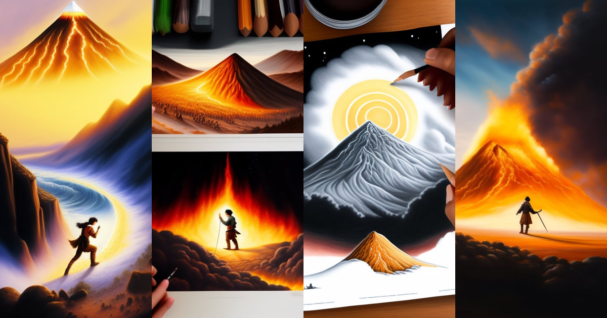 Lexica - Drawing of frodo throwing the ring into the volcano
