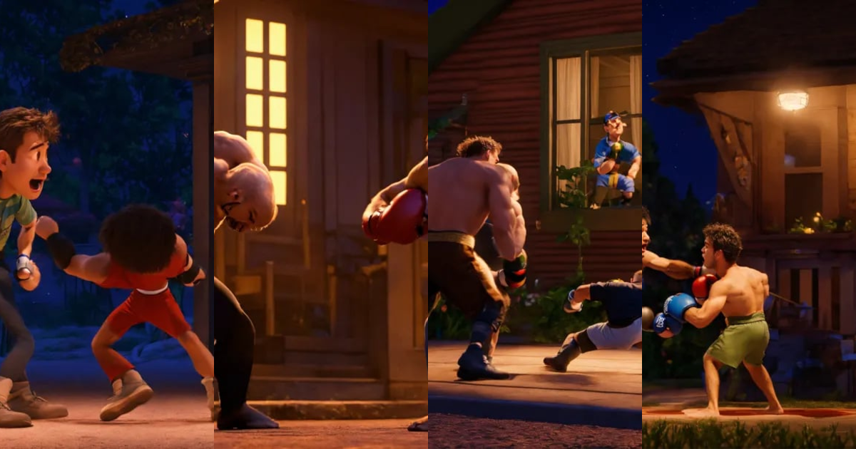 Lexica - PIXAR, two men fighting like mma in front of the house, night time