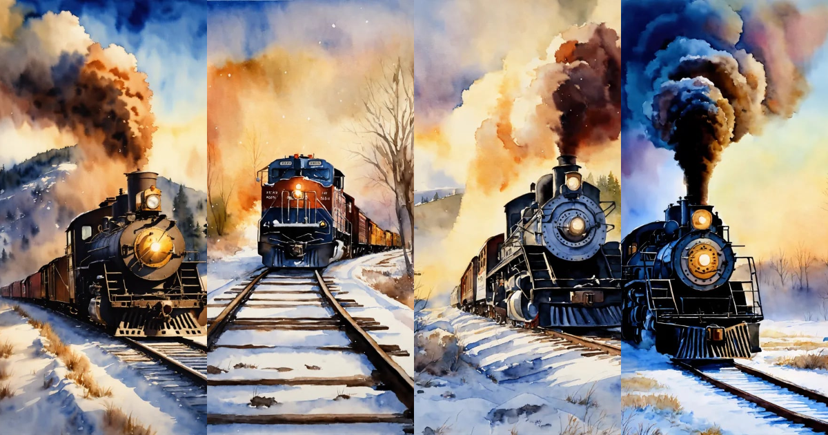 Lexica - Create a watercolor painting of an old Western Railroad Train ...